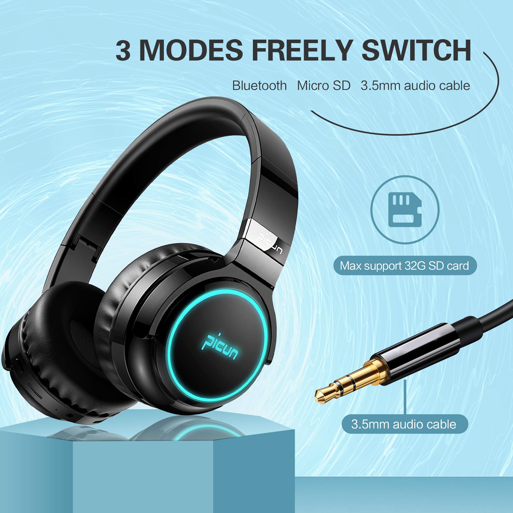 Bluetooth Headphone Wireless Over-Ear Headphone with Mic HiFi Stereo Headset Foldable Noise Cancelling Earphone Micro SD Comfortable Protein Earpads 80 H Playtime for Travel/Work(Black)