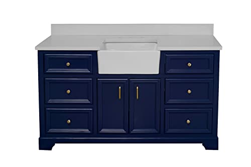 Kitchen Bath Collection Zelda 60-inch Single Farmhouse Vanity (Quartz/Royal Blue): Includes Royal Blue Cabinet with Stunning Quartz Countertop and White Ceramic Farmhouse Apron Sink