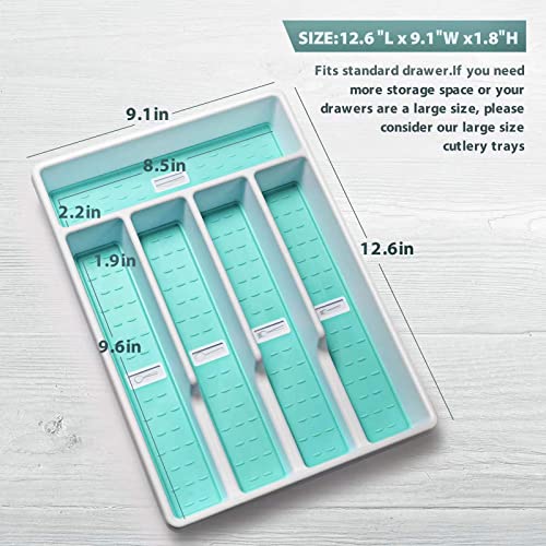 Joequality Silverware Organizer with Icons,Plastic Cutlery silverware Tray for Drawer,Utensil Flatware Tableware Organizer for Kitchen with Non-slip TPR,Fits Standard Drawer,5-Compartment,Mint