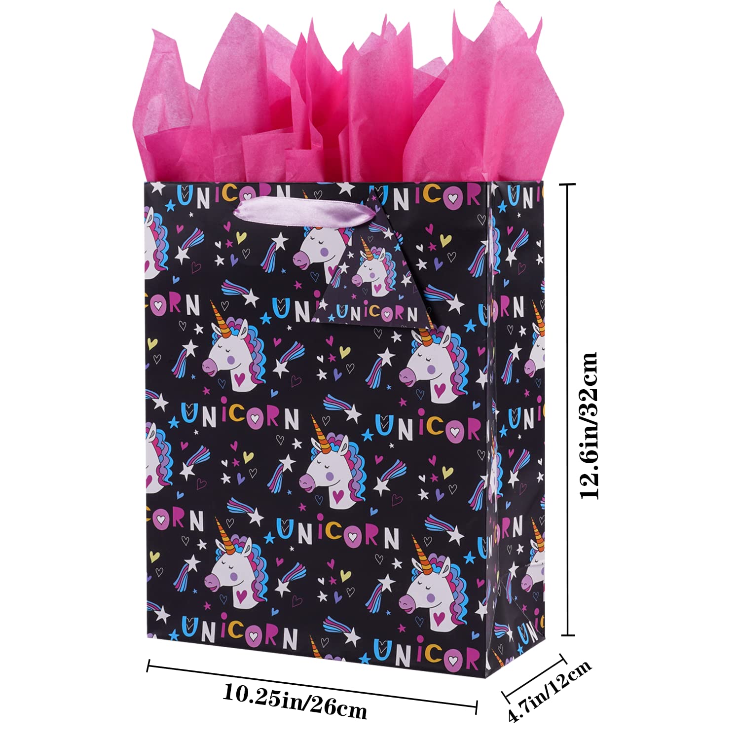 JWSCYSY 12.6" Large Gift Bag with Card and Tissue Paper - Black Pink Unicorn Gift Bag for Girls Birthday.