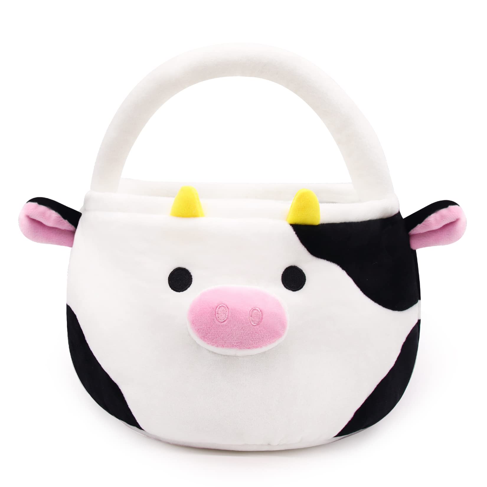 Easter Basket for Kids Cute Black Cow Easter Basket with Handle, Large Easter Bags for Easter Egg Hunting Easter Theme Party Favor Kawaii Easter Gifts for Girls Boys