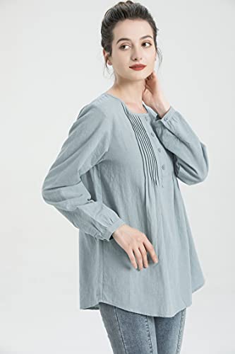 Minibee Women's Scoop Neck Pleated Blouse Solid Color Lovely Button Tunic Shirt White M