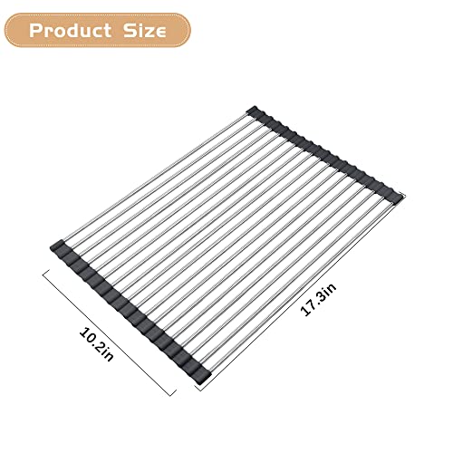 MGahyi Roll Up Dish Drying Rack, Over The Sink Drying Rack, Multipurpose 304 Stainless Steel Silicone Wrapped Steel Roll-Up , Folding Dish Rack for Kitchen Sink (Black, 17.3" x 13" )