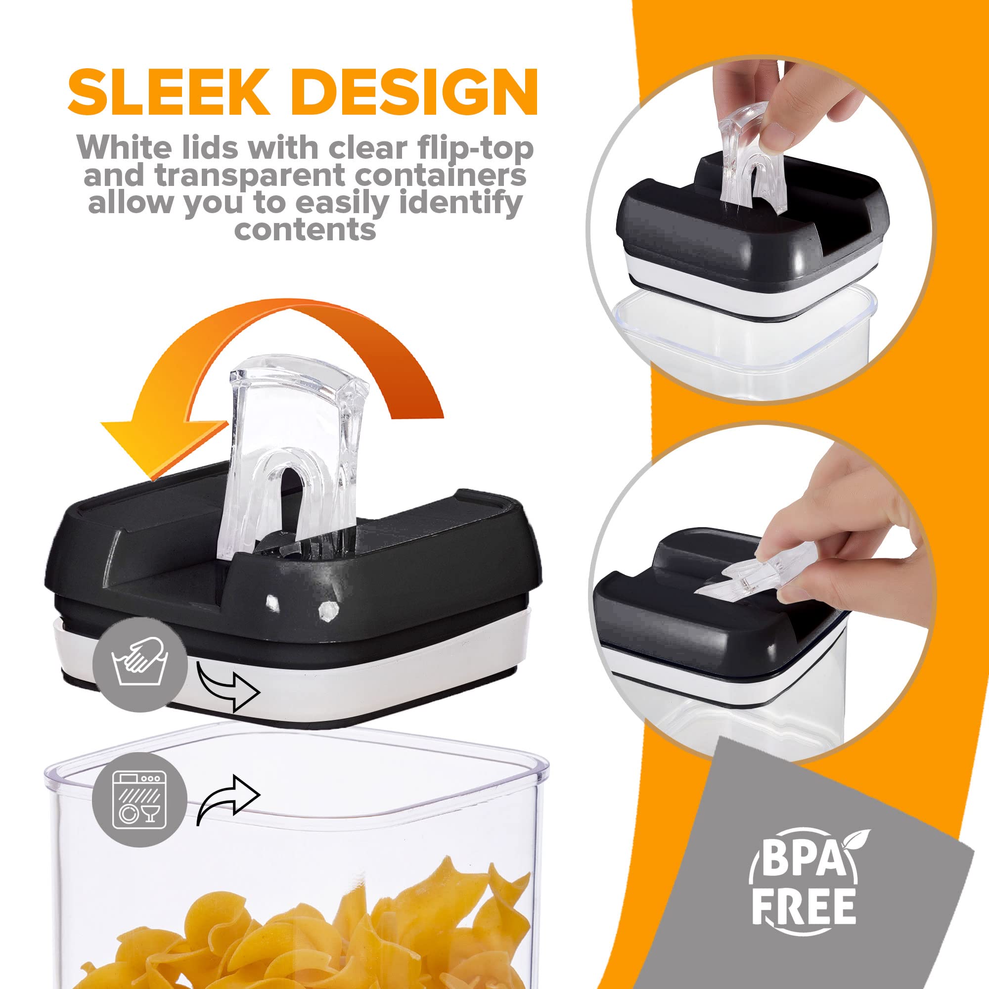 Cheer Collection One Size Airtight Food Storage Containers - Set of 4 IDENTICAL 65 oz Pantry Organizer Bins plus Marker and Labels - Black Lids