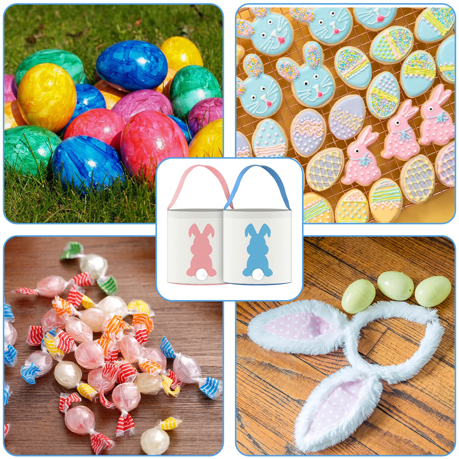 Easter Egg Hunt Basket, 2 Pack Easter Bunny Basket with Fluffy Rabbit Tail for Kids, Easter Bunny Basket Canvas Tote for Egg Hunts, Party, Toys, Candy and Gifts (Pink,Blue)