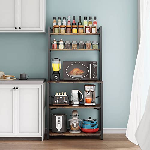 Denkee 31.5 Inch Width Bakers Rack for Kitchen, Industrial 5-Tier Microwave Stand with Storage, Freestanding Kitchen Stand Storage Shelf, Coffee Bar Station (Rustic Brown)