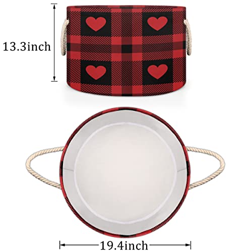 Red Check Plaid Valentine's Day Large Round Baskets for Storage Laundry Baskets with Handles Blanket Storage Basket for Bathroom Shelves Bins for Organizing Nursery Hamper Girl Boy