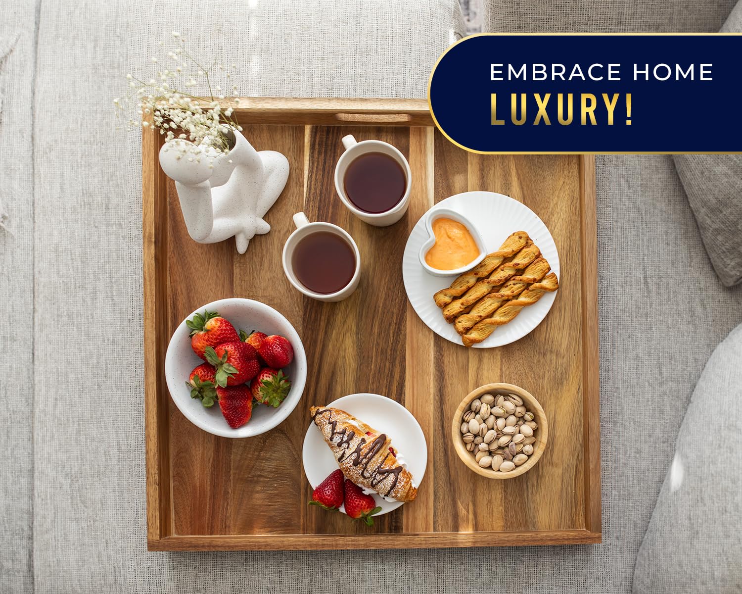 Extra Large (22") Square Premium Acacia Wood Ottoman Tray with Handles - Use for Serving Food in Style for Dinner, Breakfast, Snacks, BBQ, Entertaining Guests & More
