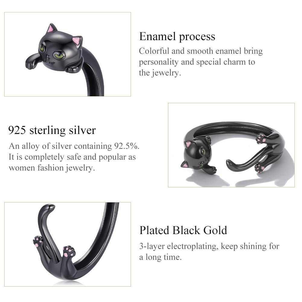 RUKYF 925 Sterling Silver Black Cat Rings with Black Gold Plating Dainty Stackable Adjustable Rings for Women Men Cute Cat Gifts for Cat Lovers