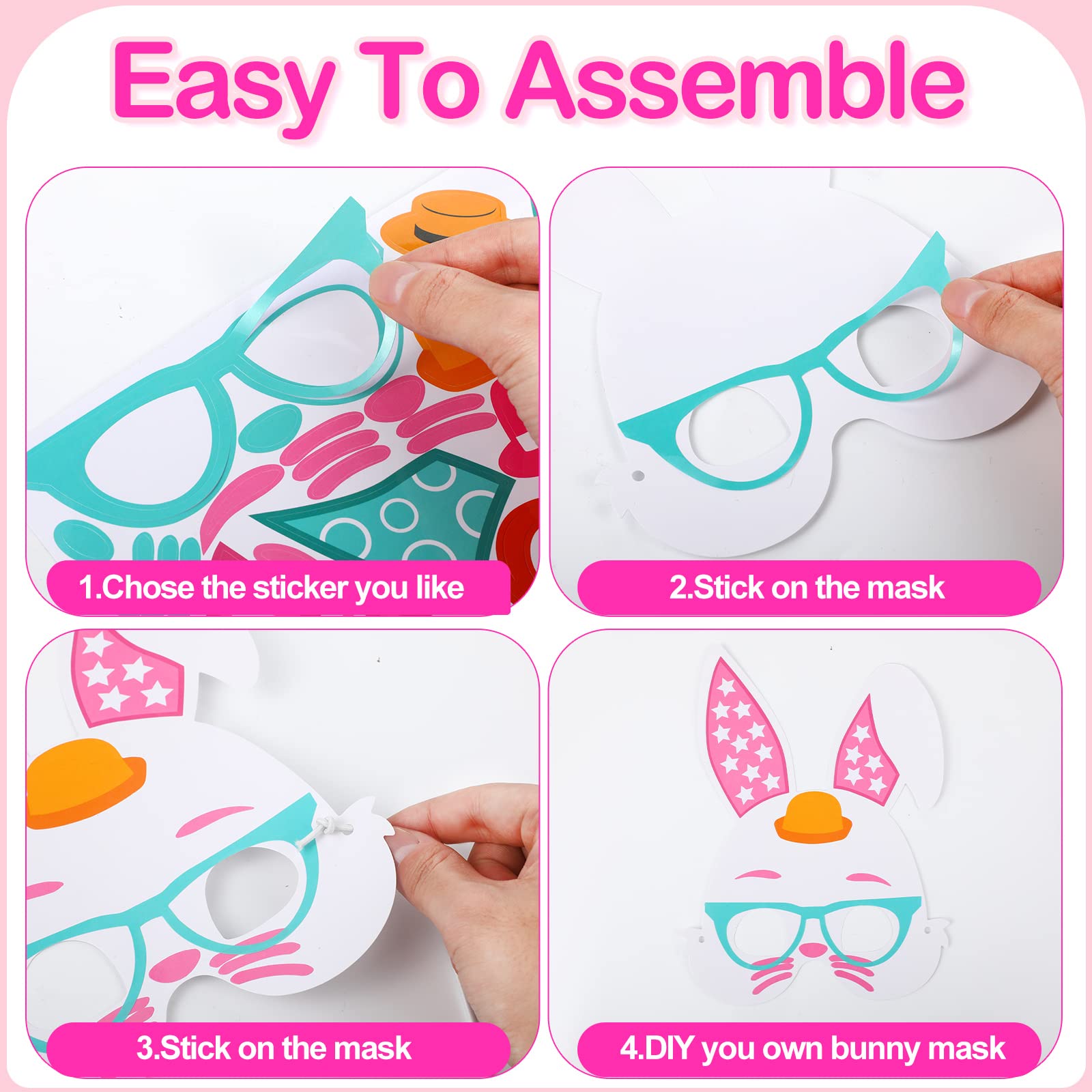 Spakon 60 Pieces Easter Bunny Mask Craft Kits Novelty Easter Rabbits Craft Kits Personalized Bunny Characters for Kids Fun Home Activities DIY Arts Craft Self Adhesive
