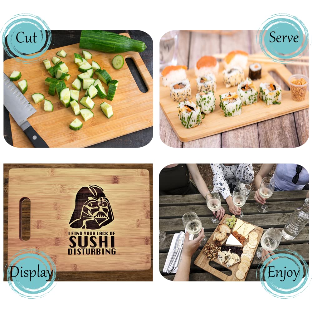 Darth Vader I Find Your Lack Of Sushi Disturbing Engraved Bamboo Wood Cutting Board Sashimi Serving Plate 9.5 x 13" Tray Cutting Board with Handle Star Wars Gift