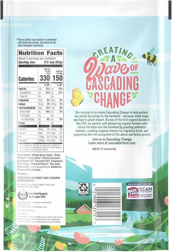 Cascadian Farm Organic Granola with No Added Sugar, Coconut Cashew Cereal, Resealable Pouch, 11 oz.