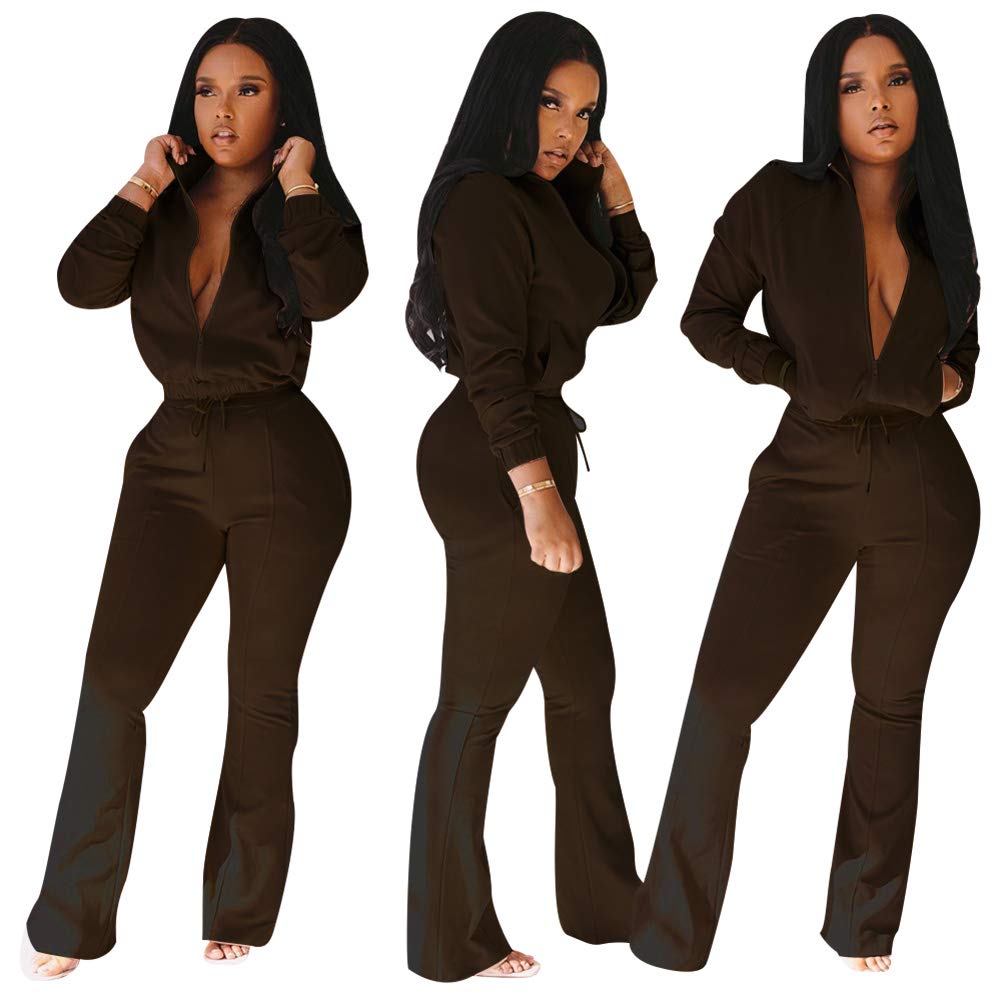 Bluewolfsea Two Piece Outfits for Women - Casual Long Sleeve Zip Top Sweatshirt + Bell Bottoms Jogging Sets XX-Large Black