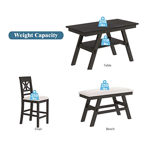 Farmhouse Counter Height 6-Piece Dining Set, Heavy Solid Wood Kitchen Dining Room Table Set, 60 in Triangular Design Bar Table with Storage Shelf, Bench and 4 Chairs with Soft Cushion (Espresso)