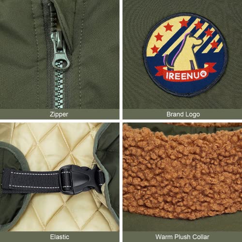 IREENUO Dog Coat, Waterproof Dog Jacket for Medium Large Dogs, Cozy Lining Coat Dog Outdoor Clothes with Furry Collar Warm Dog Bomber Jacket (Green, S)