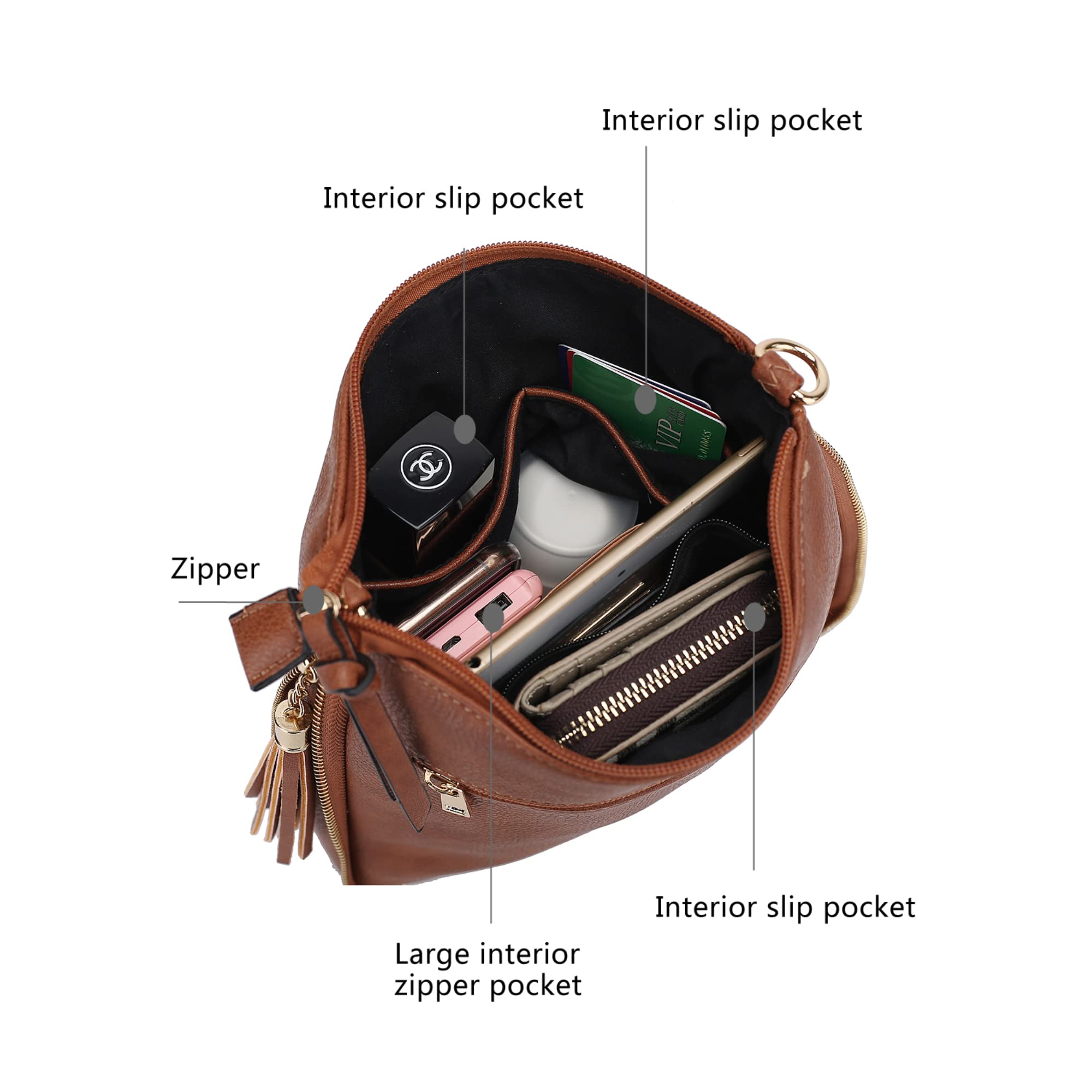 MKF Crossbody Bags for Women, PU Leather Crossover Handbag, Tassels, Small Shoulder Side Messenger Purse Black