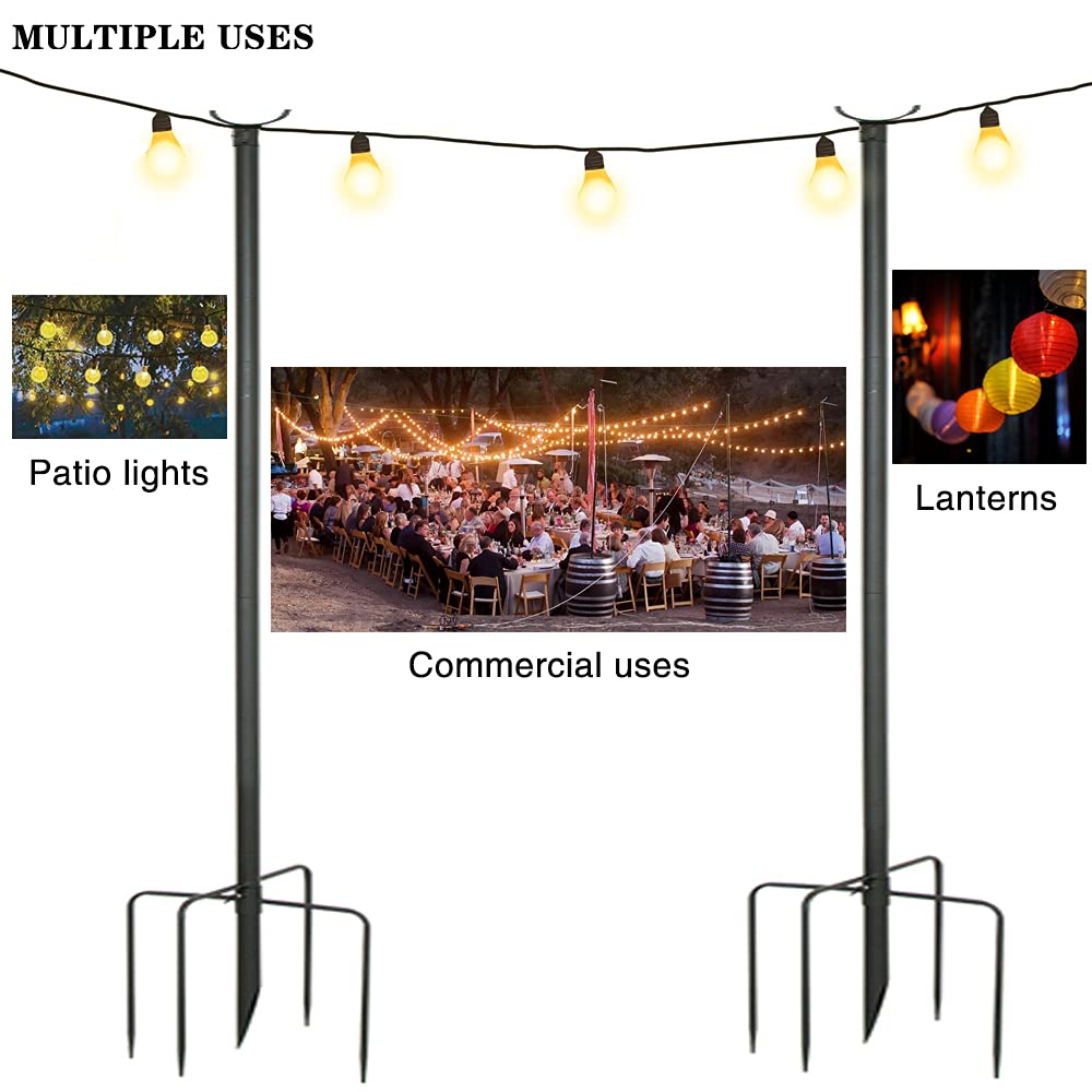 String Light Poles for Outdoors 2 Pack 7.8 FT Outside String Lights Pole Stand with 2 Shape Hooks and Heavy Duty 5-Prong Fork for LED Solar Bulbs Hanging Yard Garden Patio Wedding Cafe and Party