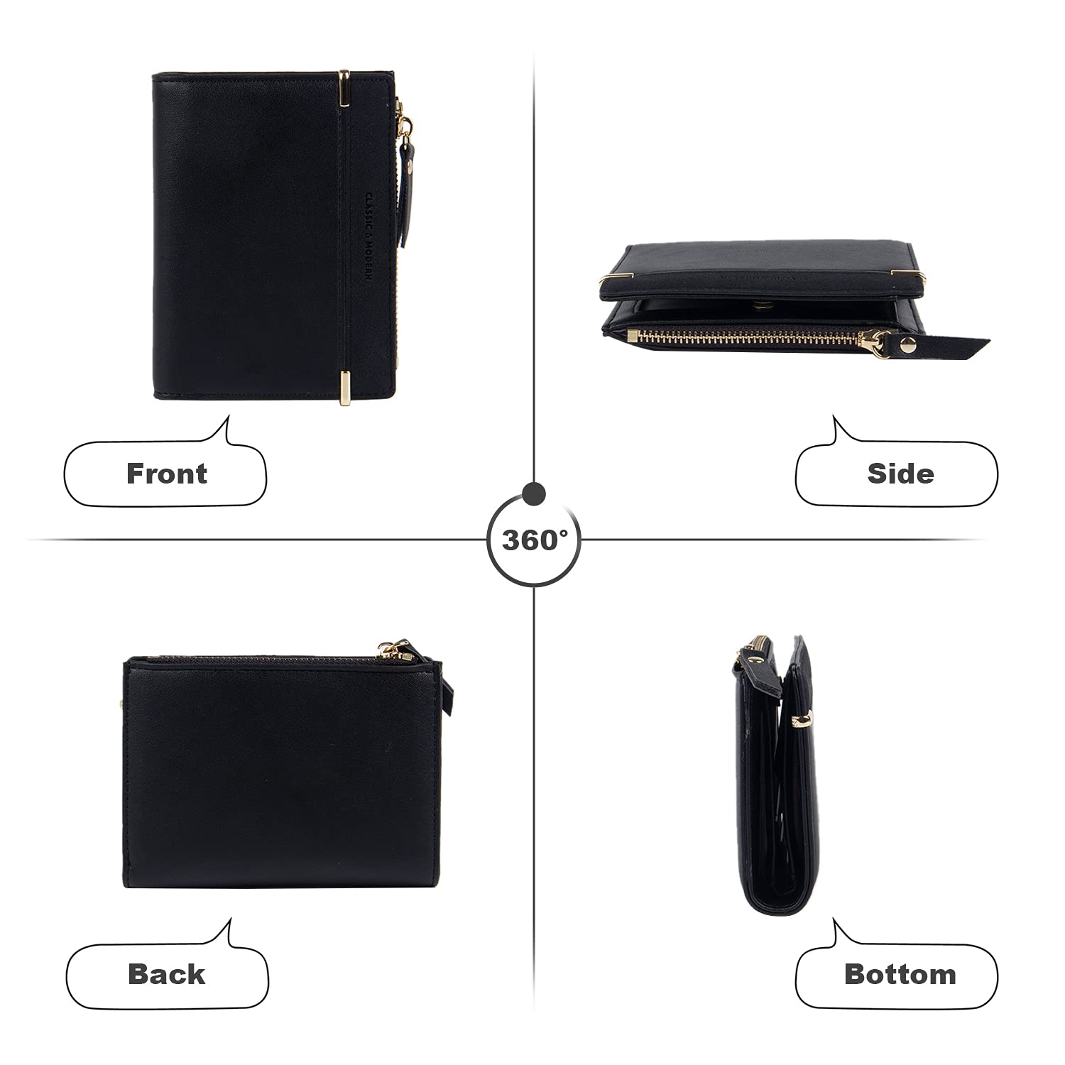 SUKUTU Ladies Purse, Women's Wallet PU Leather Wallet Small Bifold Womens Wallet Card Holder Zipper Coin Purse, Black, One Size