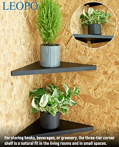 LEOPO 3 Pack Corner Mounting Shelf, Heavy Duty Corner Floating Shelves, Easy to Install Metal Corner Shelves, Black