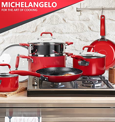MICHELANGELO Pots and Pans Set Nonstick, 15 Pcs Kitchen Cookware Sets with Porcelain Enamel Exterior and Nonstick Granite-derived Coating, Enamel Cookware Set with 5 Utensils - Red