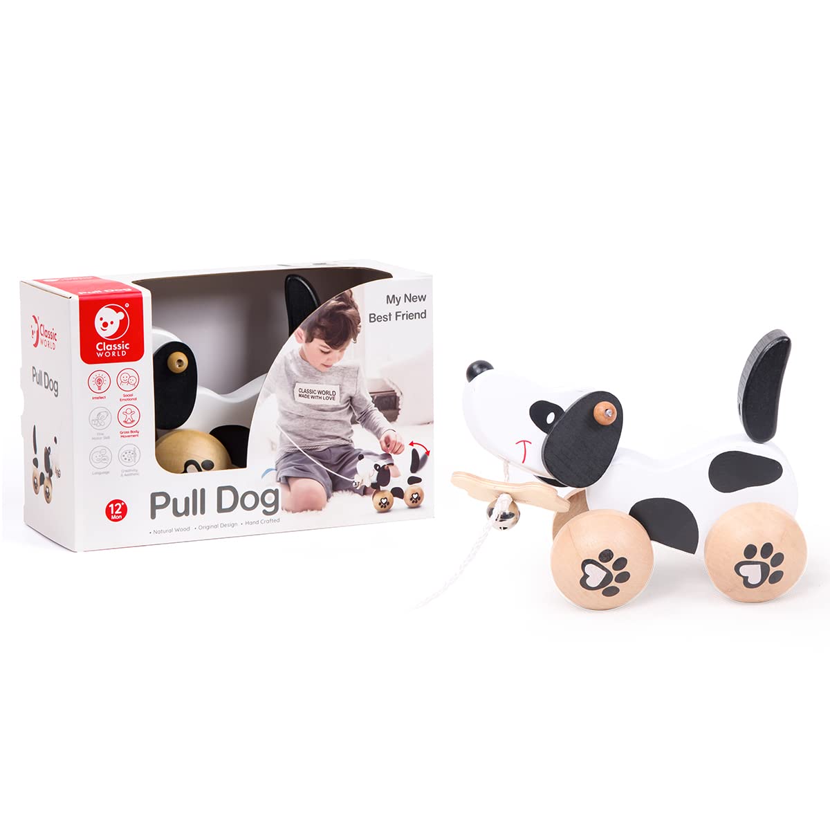 Classic World Pull Along Walking Toys, Wooden Pull Dog Toy for Baby Toddler