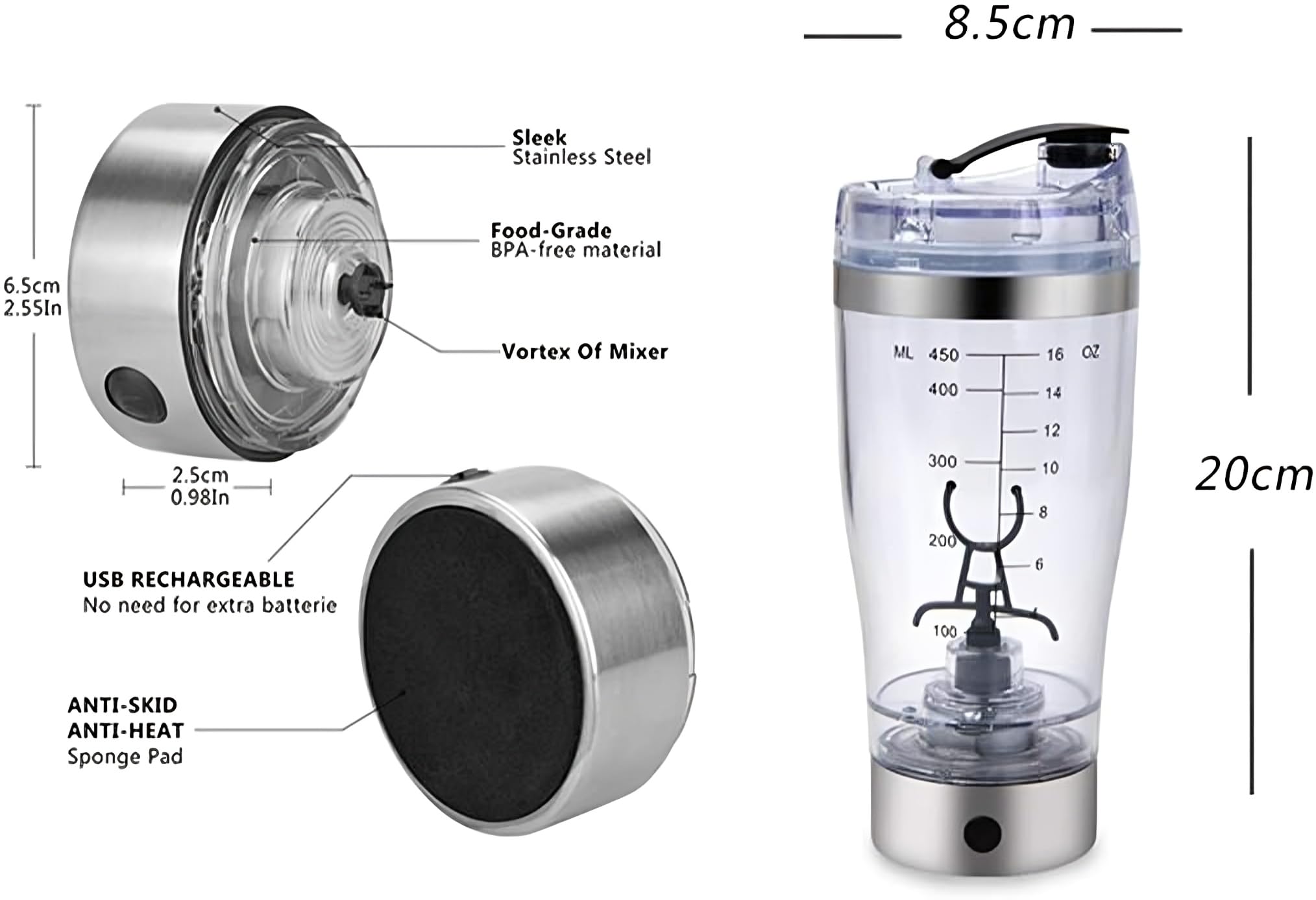 Electric Protein Shaker, Blender Bottle for gym or preworkout, Shaker Water Bottle with Action-Rod Wire Mixer, drink mixer, Shaker Bottles for Protein Mixes With Storage 16oz (black)