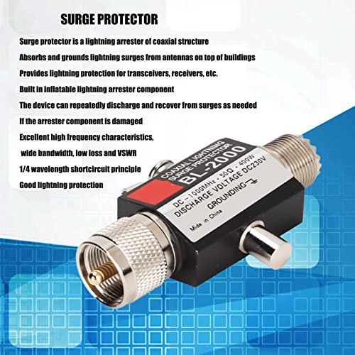 Coaxial Arrestor, PL259 Female to Male 400W Low Loss VSWR Lightning Surge Protector Coaxial Arrester for Building Antenna for Transceivers, Receivers, etc