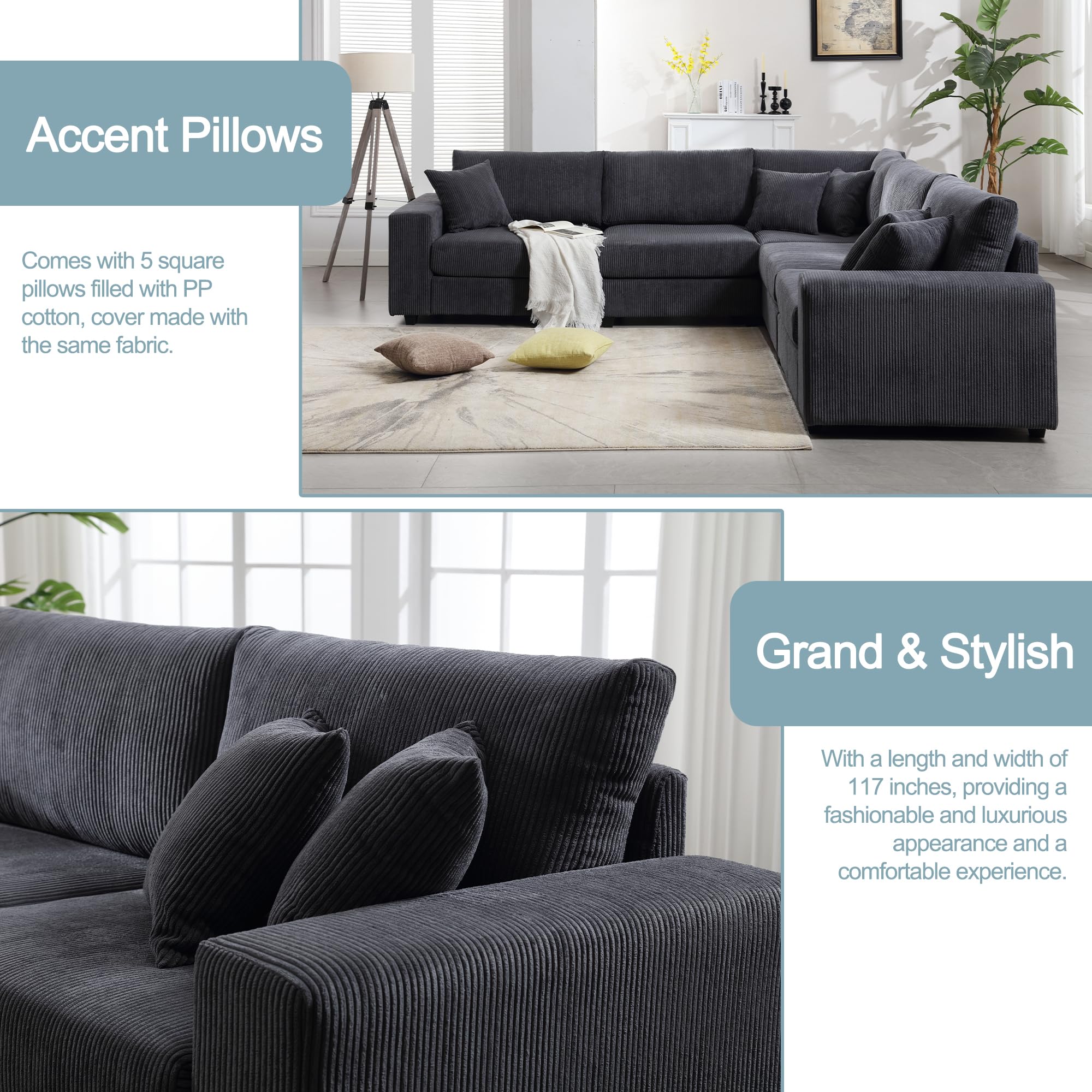 Familymill 117.2'' Oversized Symmetrical Modular Sectional Couches Set, Corduroy Upholstered Deep Seat Corner Sofa for Living Room (Dark Gray)