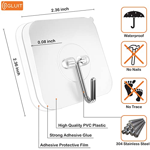 GLUIT Adhesive Hooks Medium 12 Pack and Large 12 Pack for Hanging Heavy Duty Wall Hooks 22 lbs Self Adhesive Towel Hook Waterproof Transparent Hooks for Keys Bathroom Shower Outdoor Kitchen