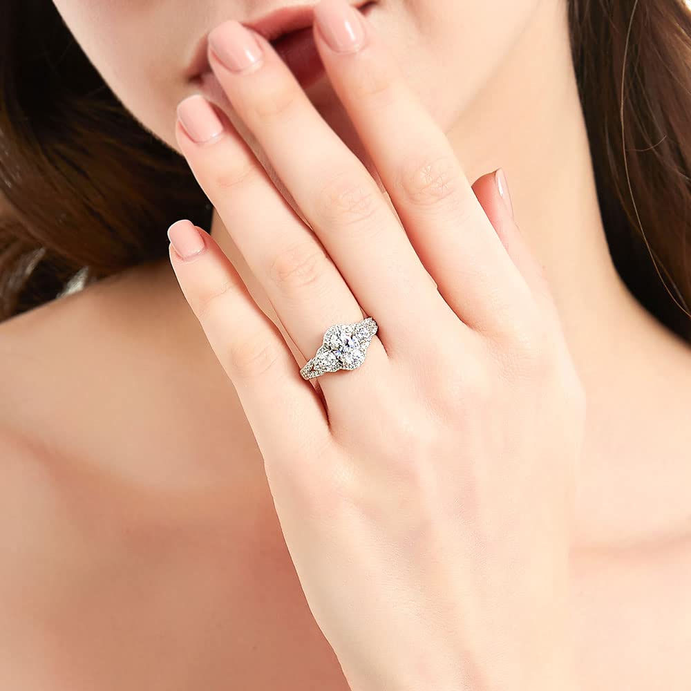 BERRICLE Sterling Silver 3-Stone Wedding Engagement Rings Oval Cut Cubic Zirconia CZ Halo Split Shank Ring for Women, Rhodium Plated Size 5
