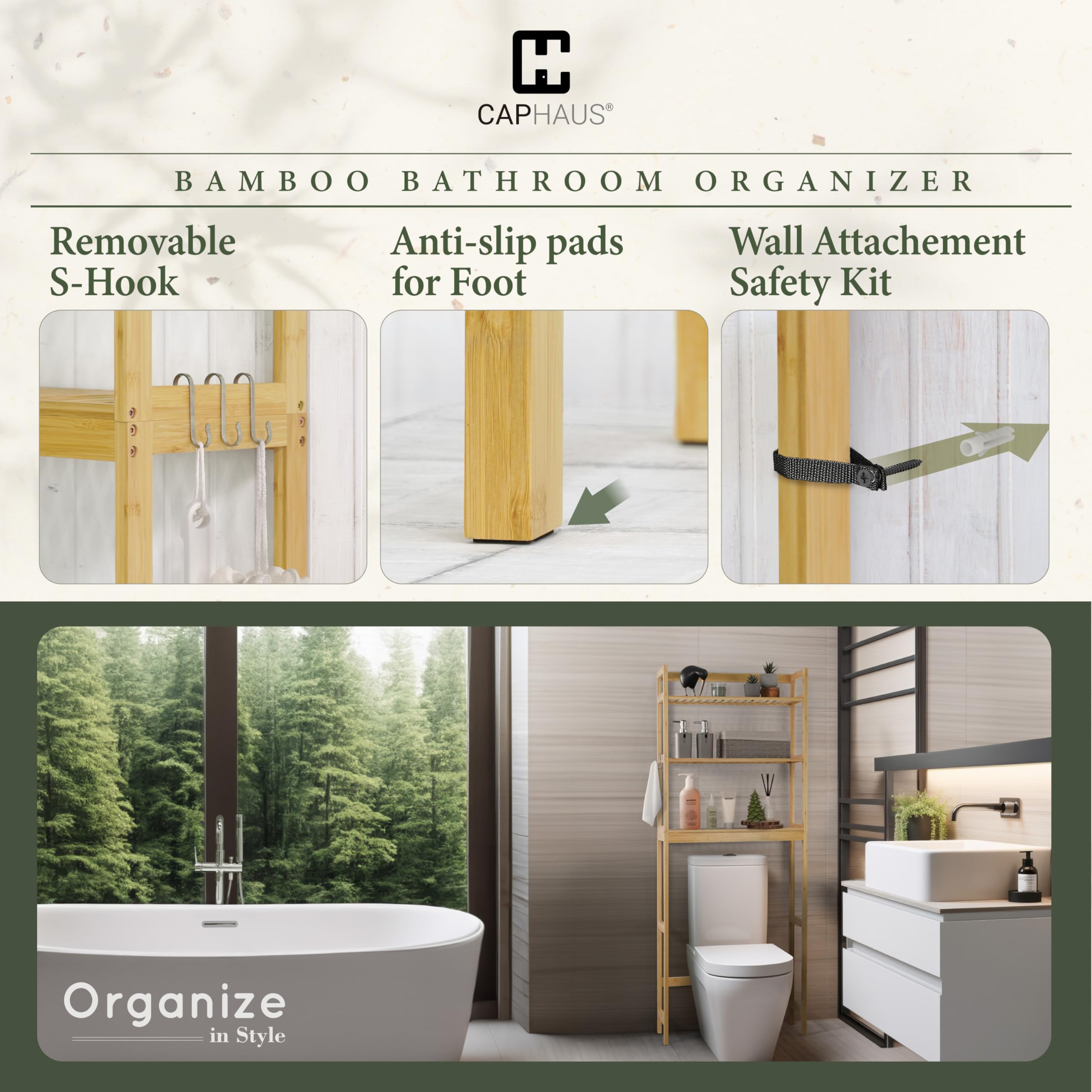 Fencer Wire Bamboo Over The Toilet Storage, Behind Toilet Bathroom Shelf Rack with Hooks & Adjustable Feet, 24 Inch Freestanding Toilet Shelf, Bathroom & Laundry Organizer, Balcony Plant Stand, Black
