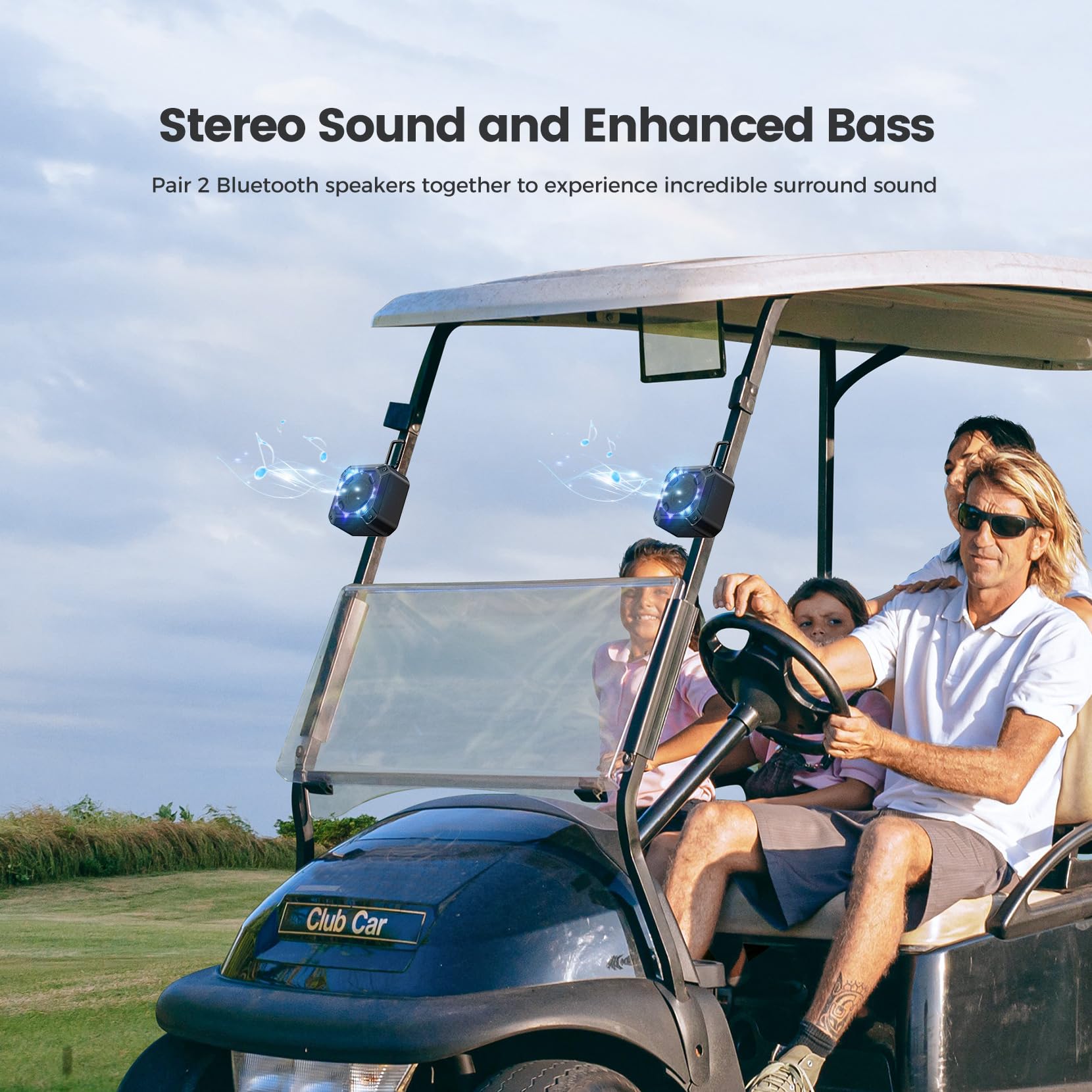 CHIFENCHY 2 Packs Golf Speaker with Magnetic, Portable Loud Stereo Sound for Golf Cart 24H Playtime, TWS Pairing, Golf Gifts for Men, Rugged Outdoor/Shockproof/Waterproof Wireless Speaker