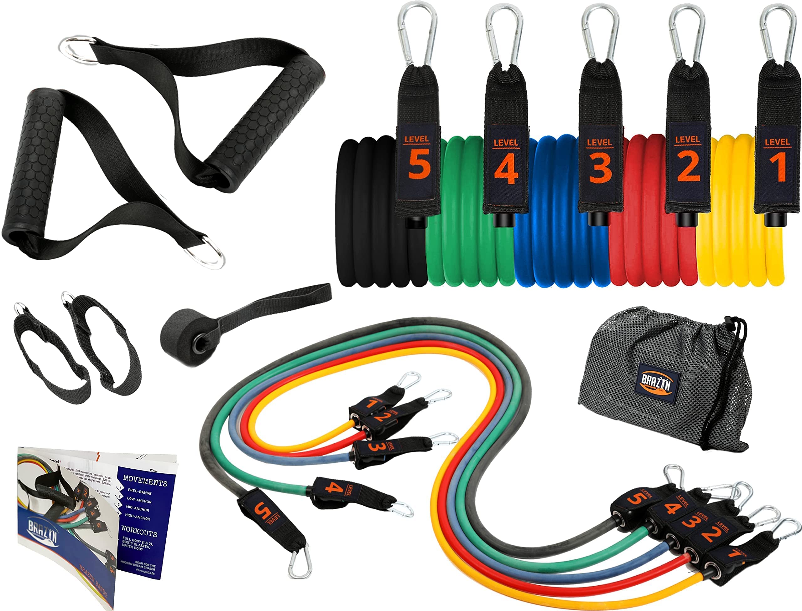 Brazyn Bundle - Resistance Bands Kit (with Handles) and Mobility Stretching Strap (Navy) for Home Workouts, Strength Training, Stretching, Yoga, Physical Therapy, Pilates, Dance and Gymnastics