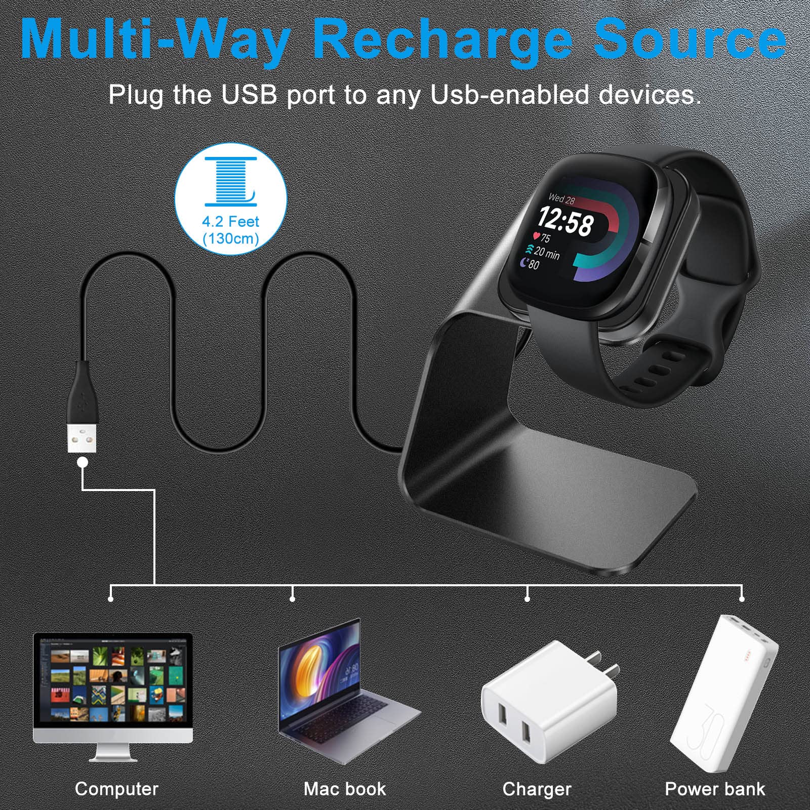 CAVN Charger Dock Compatible with Charge 6/ Charge 5/Luxe, Replacement Charger Stand Charging Cable Station Cradle with 4.2ft USB Cord for Charge 6 Smartwatch (Grey)