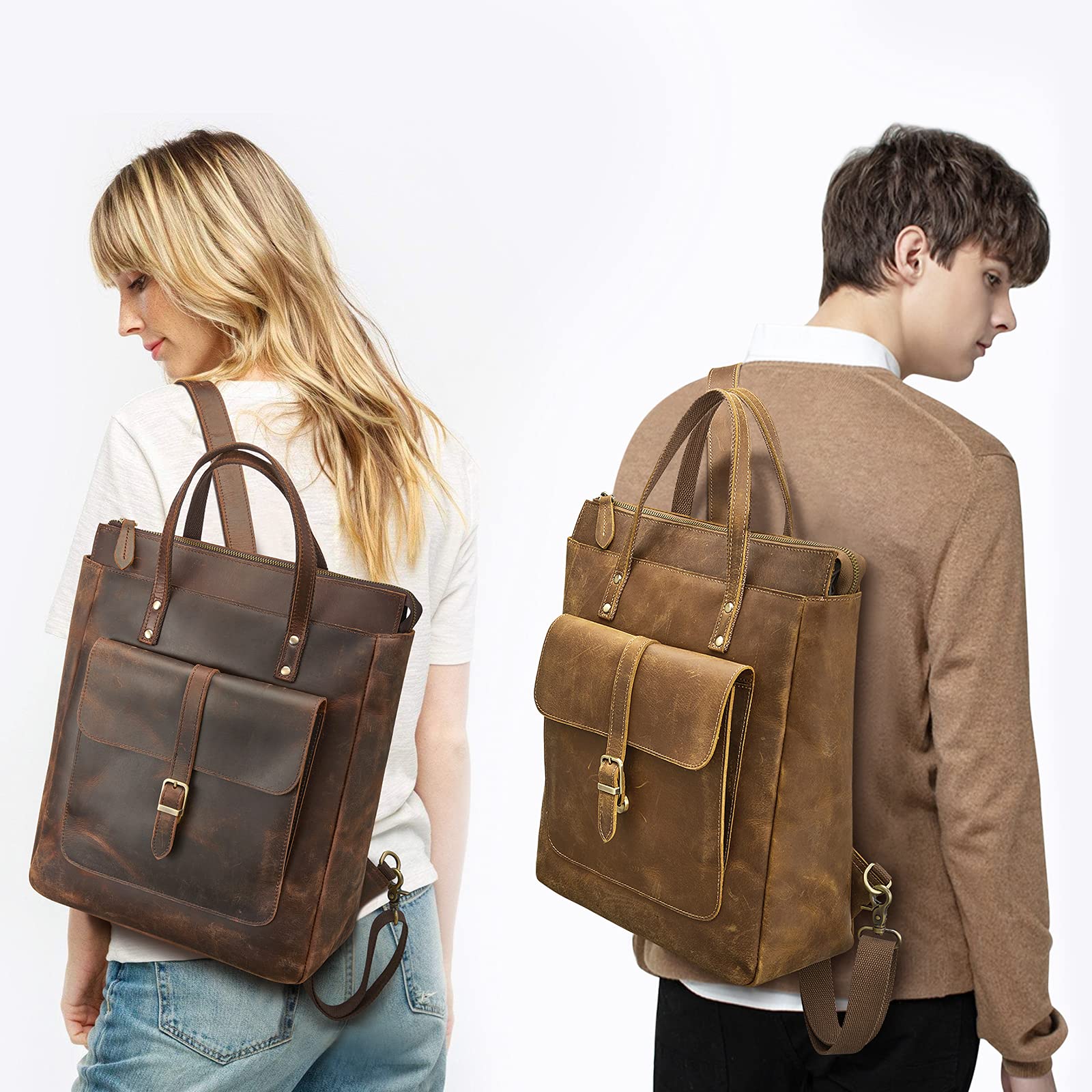 S-ZONE Women Genuine Leather Backpack Purse Bundle with Retro Bucket Tote Vintage Hobo Handbag Distressed Shoulder Bag