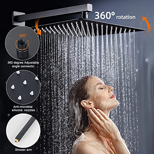 Cobbe 12 Inch Shower System, Black Shower Faucets Sets Complete with Valve High Pressure Rain Shower Head, Bathroom Mixer Shower Set Wall Mounted Matte Black (Faucet Rough-in Valve Body and Trim)