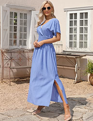 KOJOOIN Womens V Neck Short Sleeve Solid Long Dresses Smocked High Waist Slit Maxi Dress Blue M