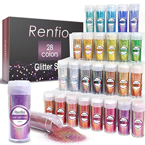 Renfio 28 Colors Holographic Glitter Set, 9.87oz 280g Ultra Fine Glitter Powder PET 1/128" 0.008" 0.2mm Resin Suppies Assorted Craft Glitter for Fake Nails, Resin Art, Tumblers, Slime, Hair, Bomb