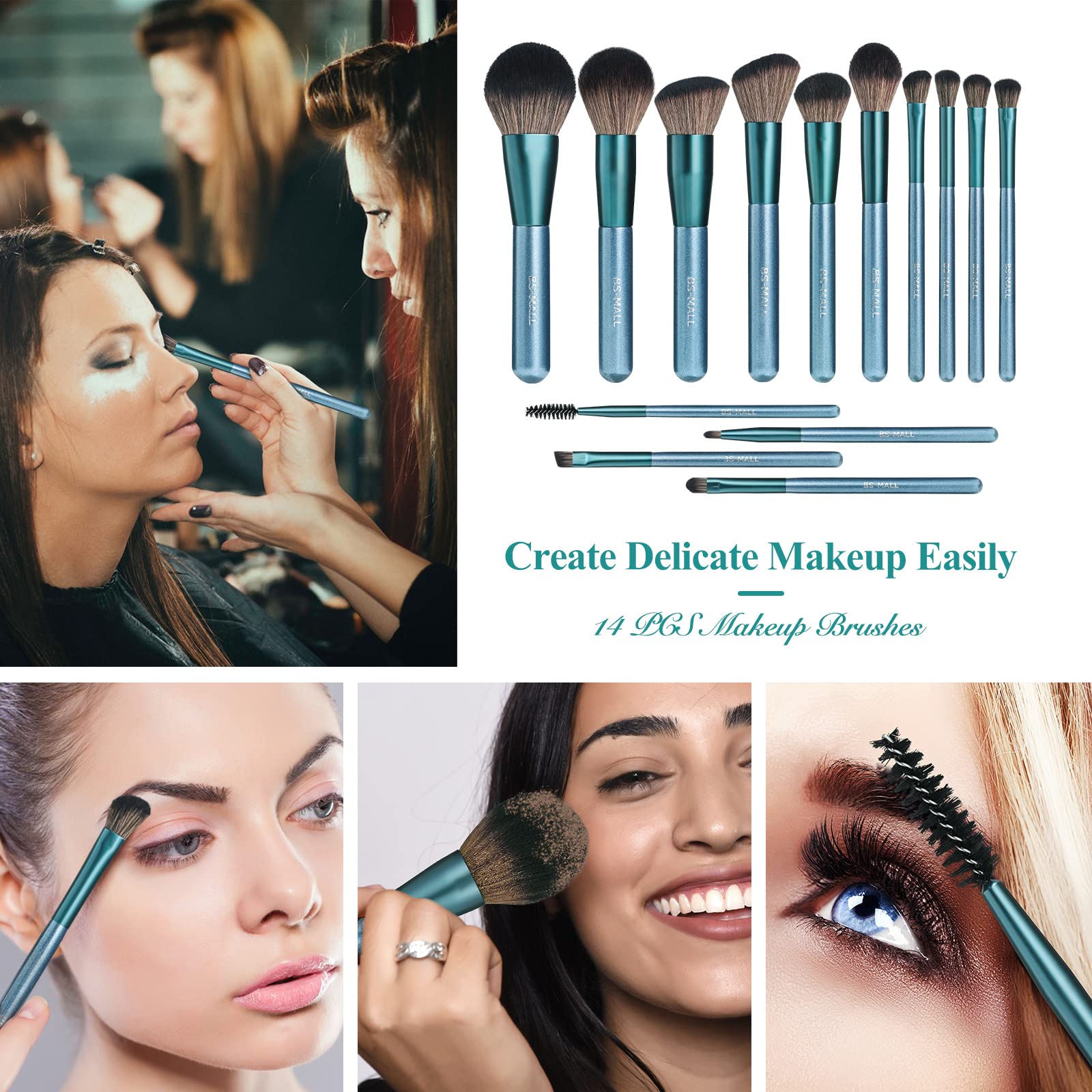 BS-MALL Makeup Brushes Premium Synthetic Foundation Powder Concealers Eye Shadows Makeup 14 Pcs Brush Set, Coffee Brown Color