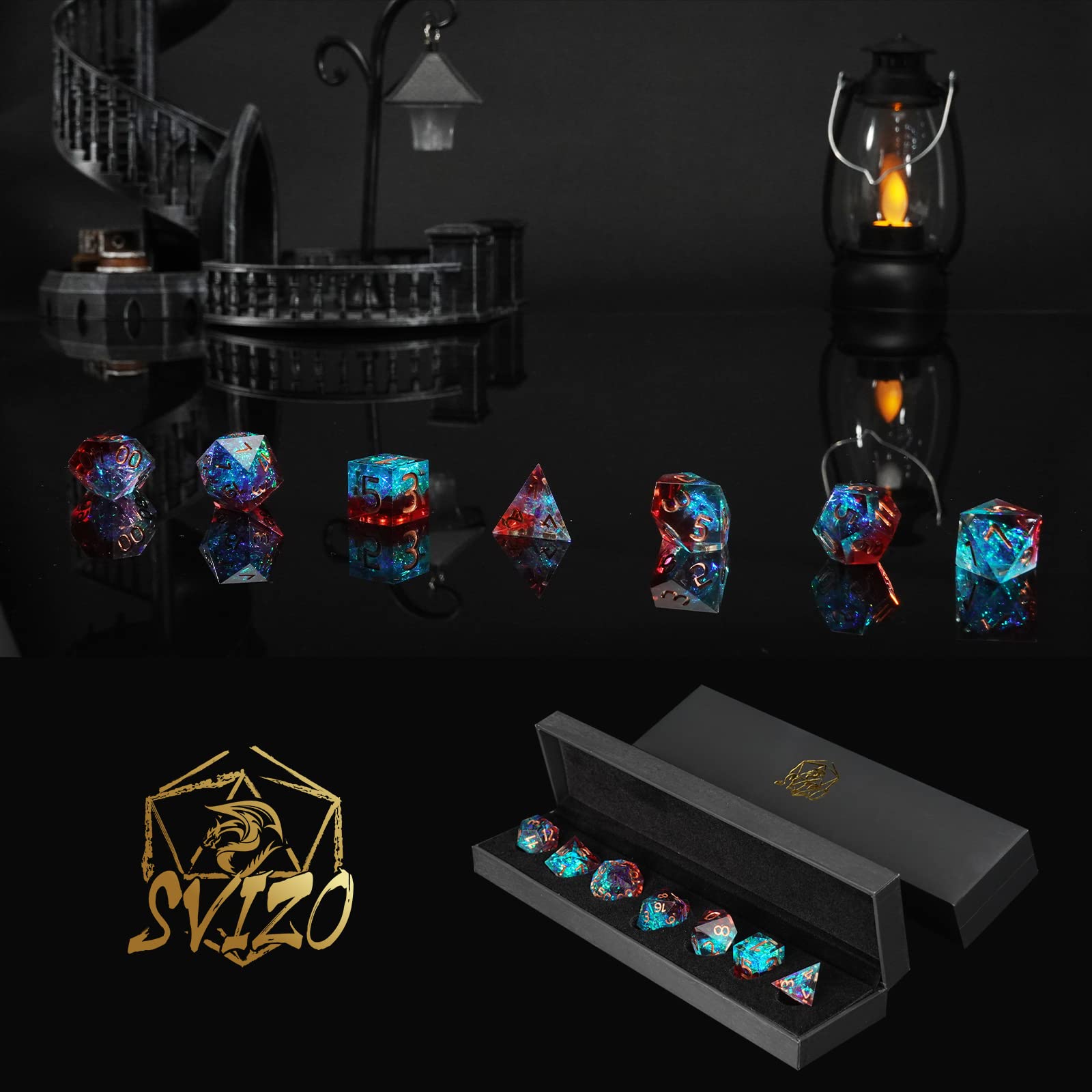 SVIZO Polyhedral Resin DND Dice Set, Handcrafted Polished Sharp Edge Tabletop D&D RPG Games Dice with Inclusions and Holder Case Dungeons and Dragons 7PCS (Red Blue)
