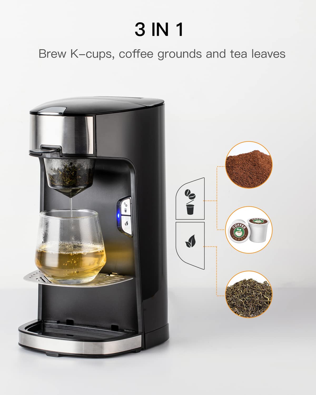 boly Coffee Maker, 3 in 1 Coffee & Tea Maker for K Cup, Loose Leaf Tea & Ground Coffee Compatible, with Self Cleaning Function, Fast & Fresh Brewed and 8 to 14 Oz. Brew Sizes