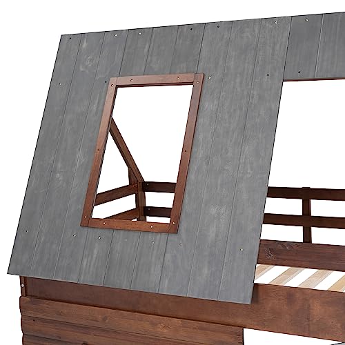 Merax Twin Over Twin Bunk Bed Wood Frame with Roof, Ladder and 2 Windows for Kids Teens Girls Boys,Oak & Smoky Grey