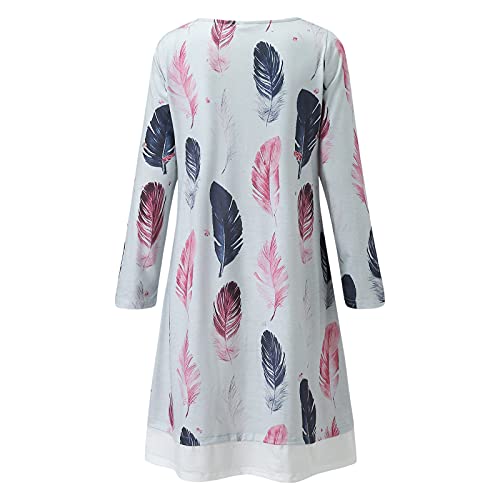 Button Cross V Neck Swing Dress for Women Pattern Printed Loose Flowy Dress Patchwork Feather Printed Dress White