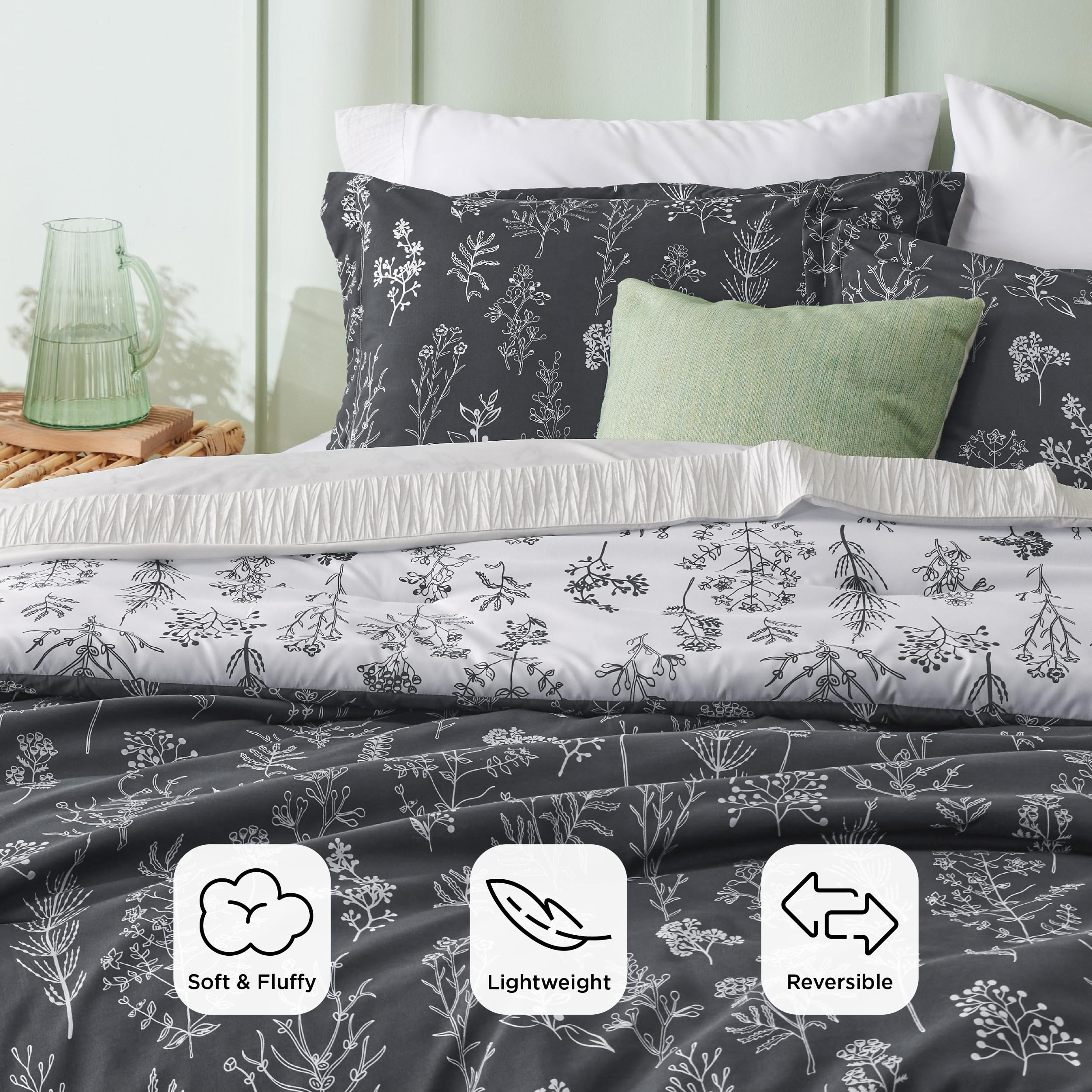 Bedsure King Comforter Set - Dark Grey Comforter, Cute Floral Bedding Comforter Sets, 3 Pieces, 1 Soft Reversible Botanical Flowers Comforter and 2 Pillow Shams