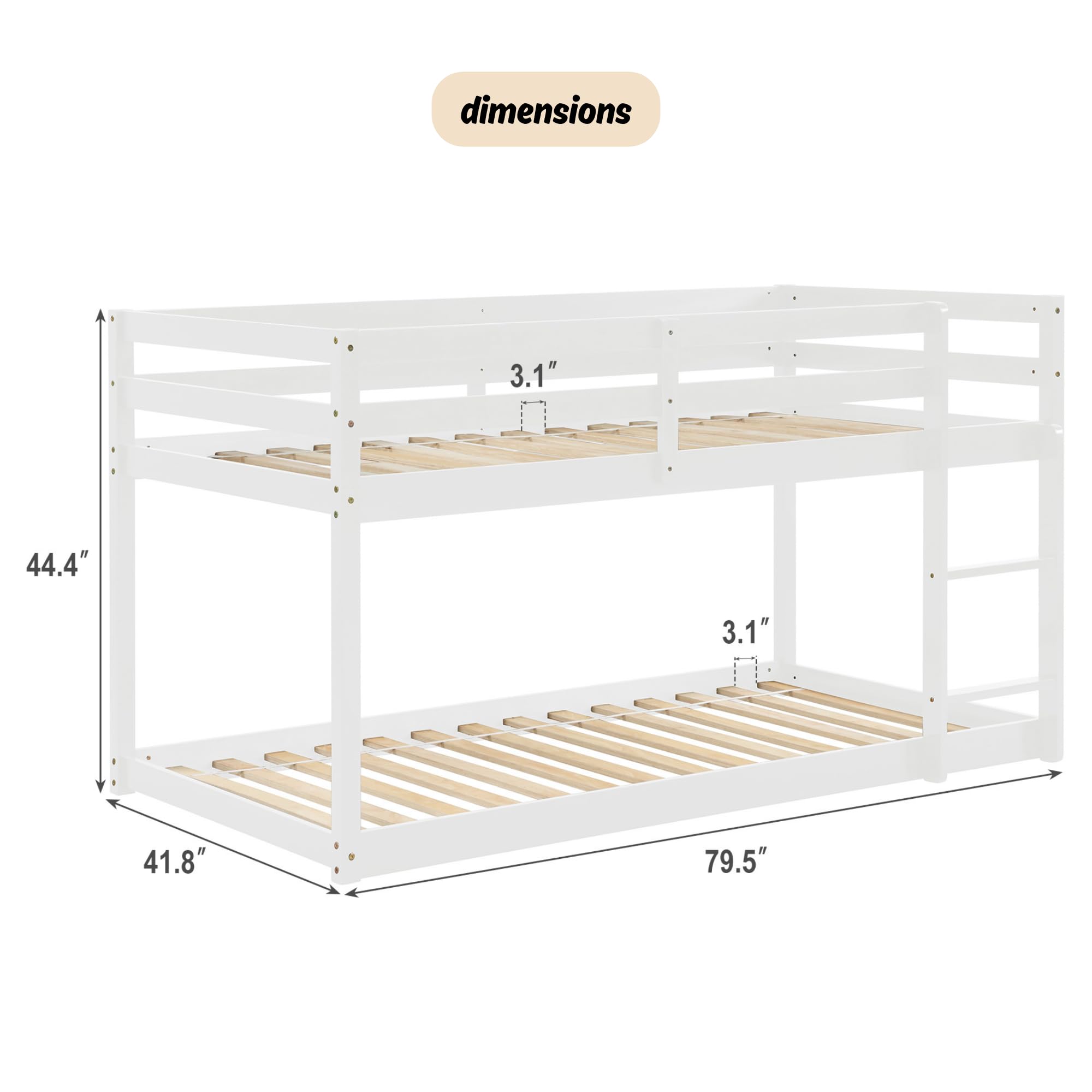 Harper & Bright Designs Low Bunk Beds Twin Over Twin Wood Twin Bunk Bed Frame with Safety Rail Ladder for Kids Bedroom Twin Floor Bunk Bed for Boys Girls Teens, White