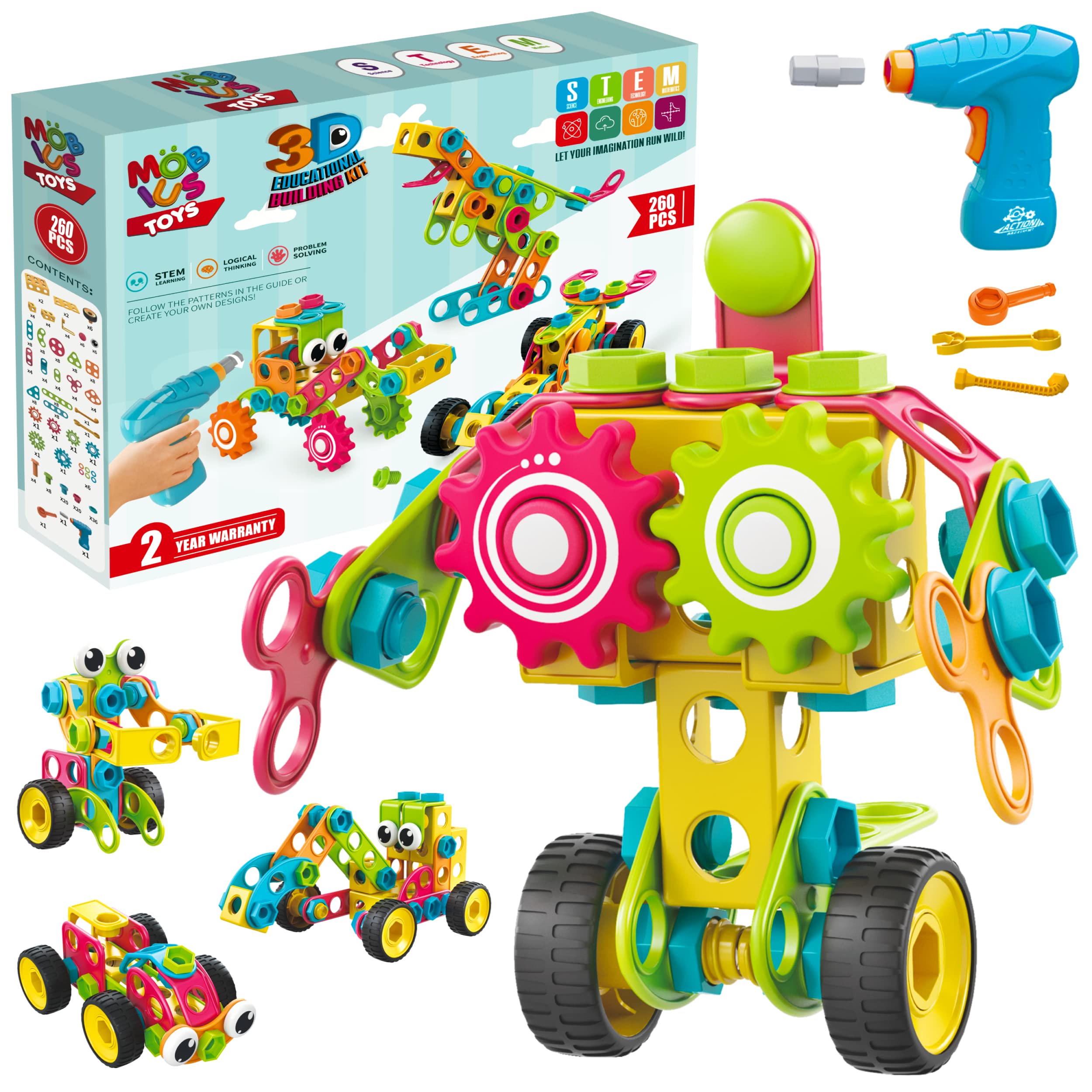 MOBI-US Toys 260 Piece STEM Learning Toys Kids Construction Engineering Kit Building Block Toy Blocks Children Early Education Playset Power Drill w/Free IdeaBook, Clickable Ratchet, Age 3+ US-T260