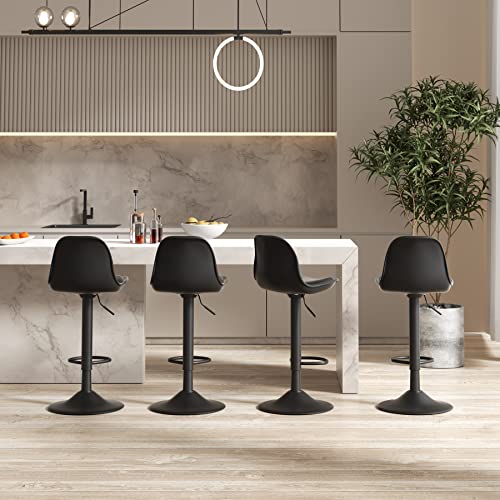 Miereirl Bar Stools Set of 2 Morden Height Counter Bar Stools with Polypropylene Back and Leather Seat,Swivel Adjustable Stool Chair for Home Kitchen Island-Black