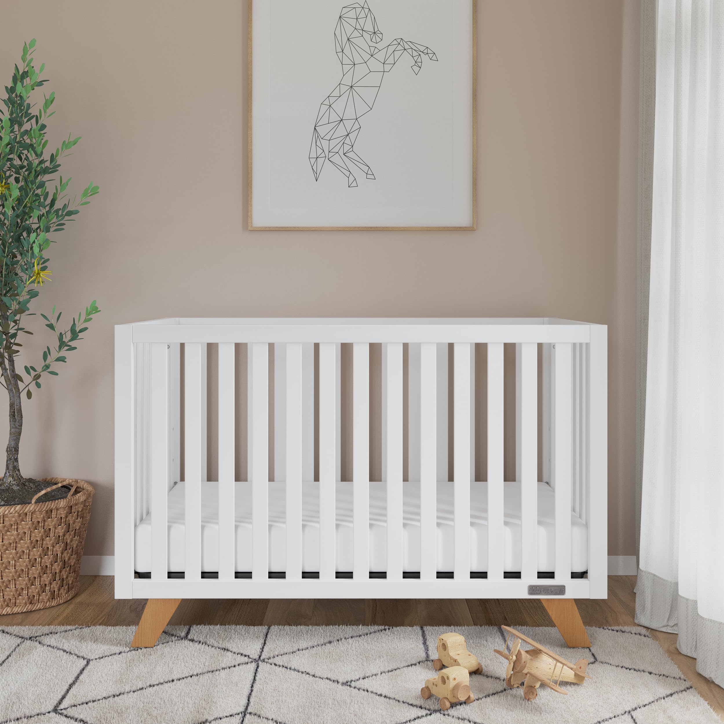 Child Craft SOHO Crib, 3-Drawer Dresser with Changing Table Topper Nursery Set, Chest, 3-Piece, Includes 4-in-1 Convertible Crib, Dresser with Topper, Chest (White/Natural)