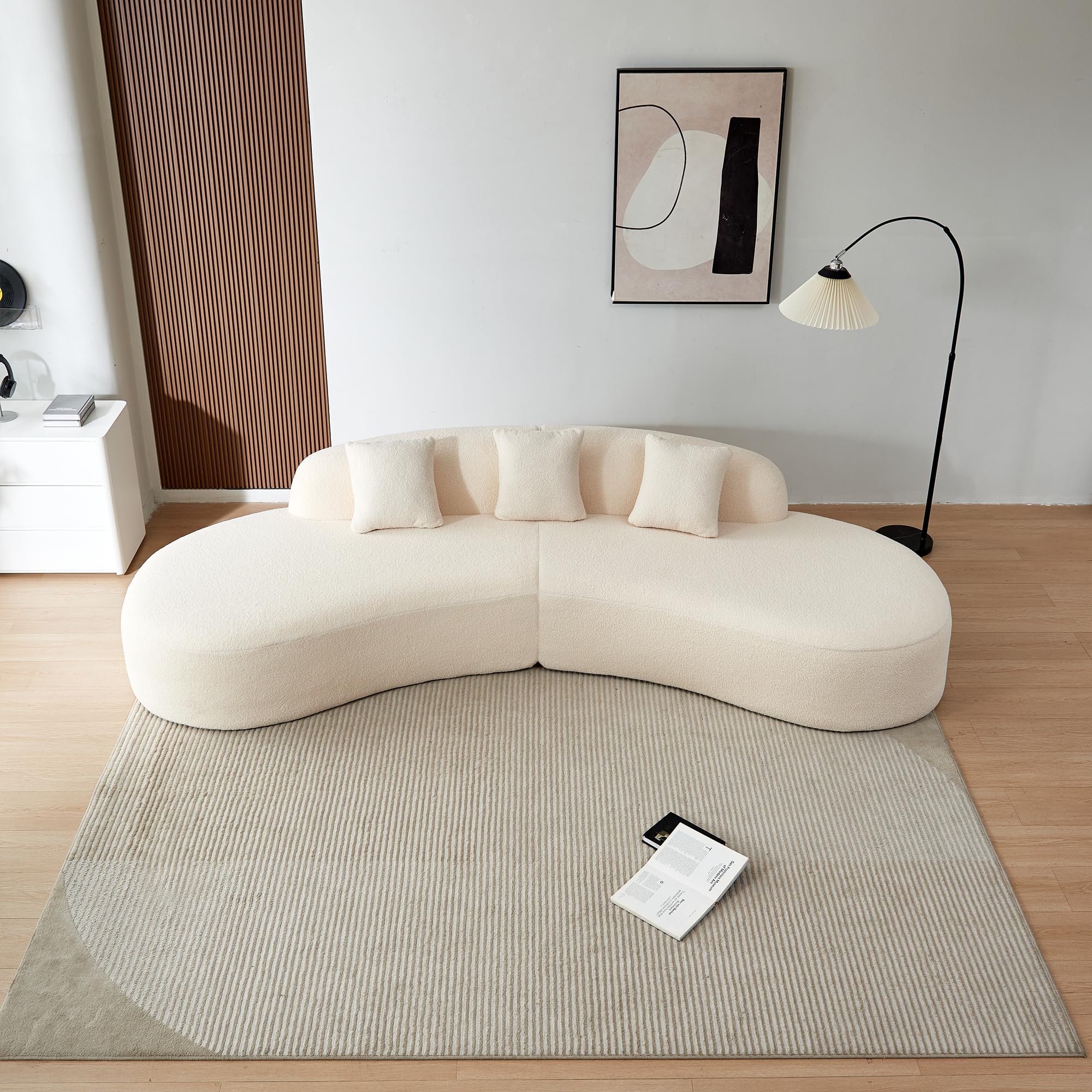 DAMAIFROM 119.29β Curved Sectional Sofa Couch, Comfy Sherpa Fabric Modern Upholstered Cloud Sofa with 3 Pillow, Oversized Couch for Living Room, Bedroom, Apartment, Beige