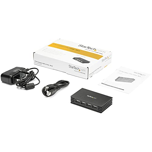 StarTech.com 4 Port Compact Black USB 2.0 Hub - Bus-powered or with Included Power Adapter - Portable Mac/PC laptop hub, TAA (ST4202USB)